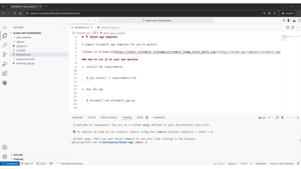 Mi Primera Aplicación con Streamlit Usando GitHub Codespaces - CursoPython.com